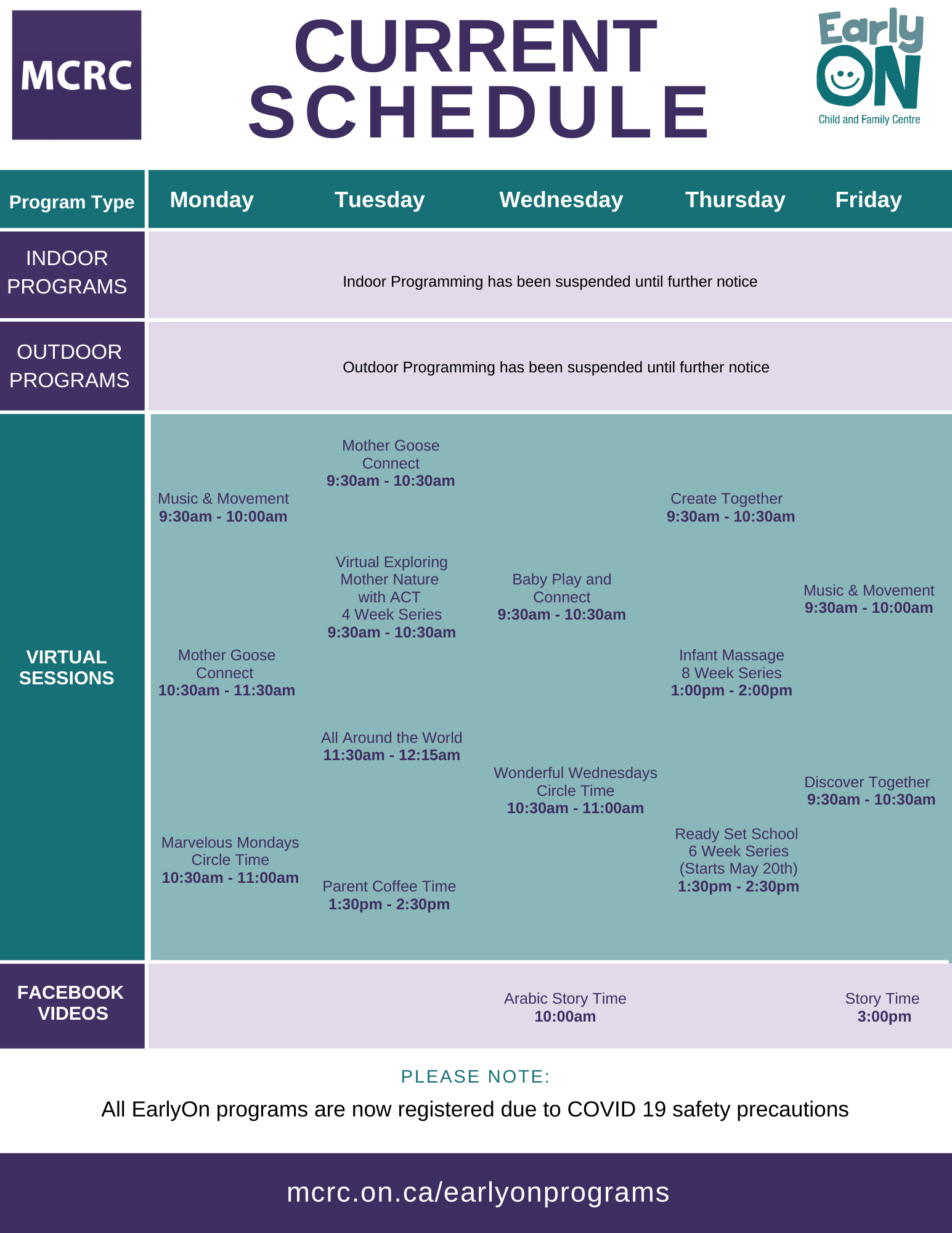 EarlyON Schedule – MCRC
